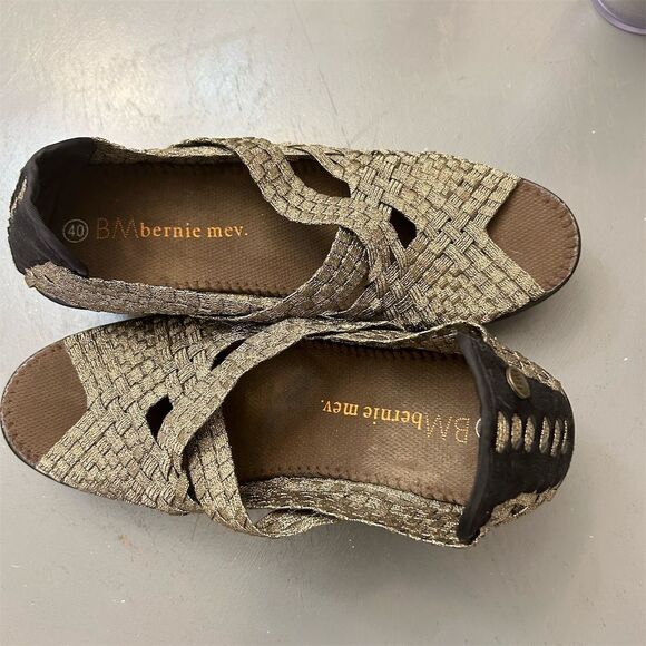bernie mev. | Shoes | Bernie Mev Gold Elastic Open Toe Wedge Slipon ...